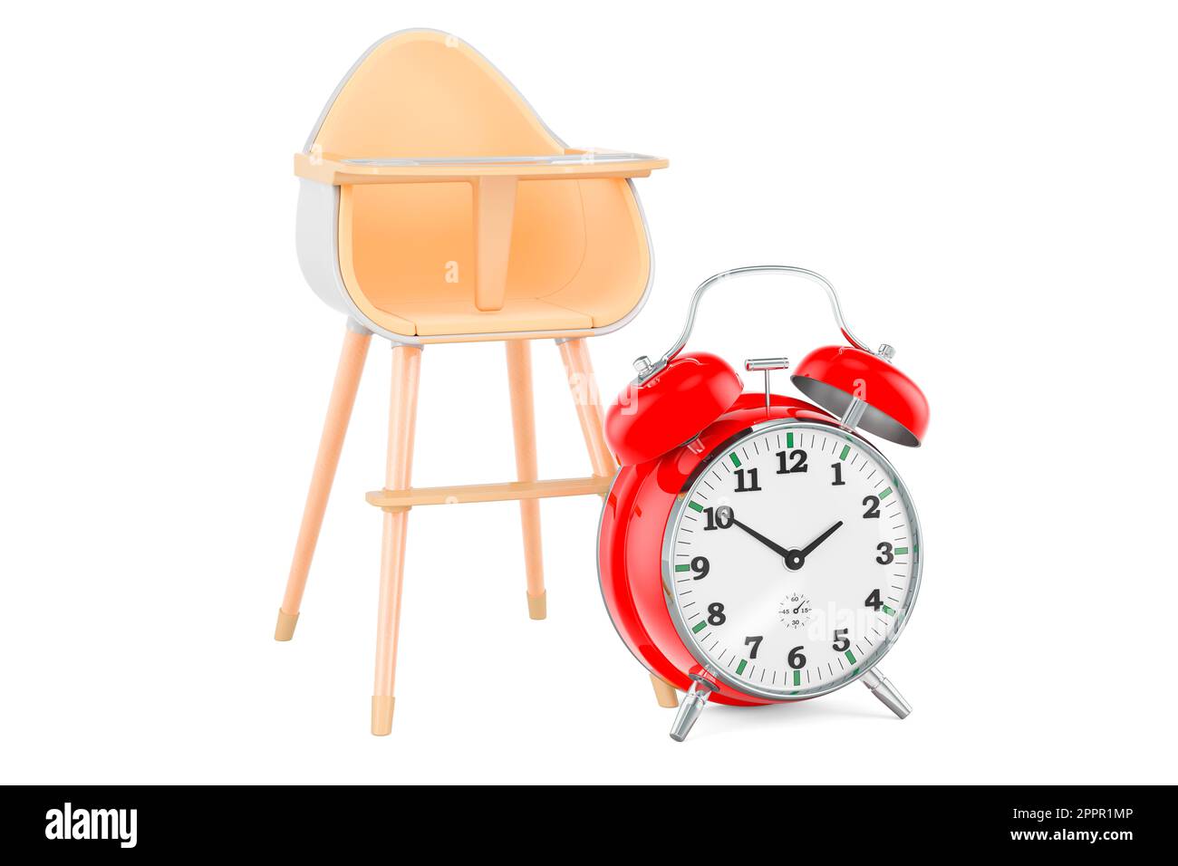 Baby high chair with alarm clock, 3D rendering isolated on white ...