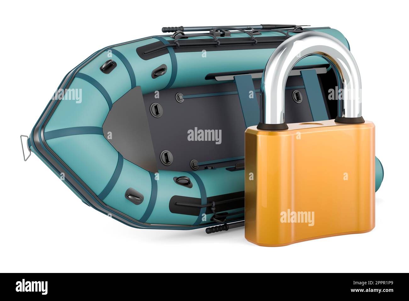 Inflatable boat with padlock, 3D rendering isolated on white background ...
