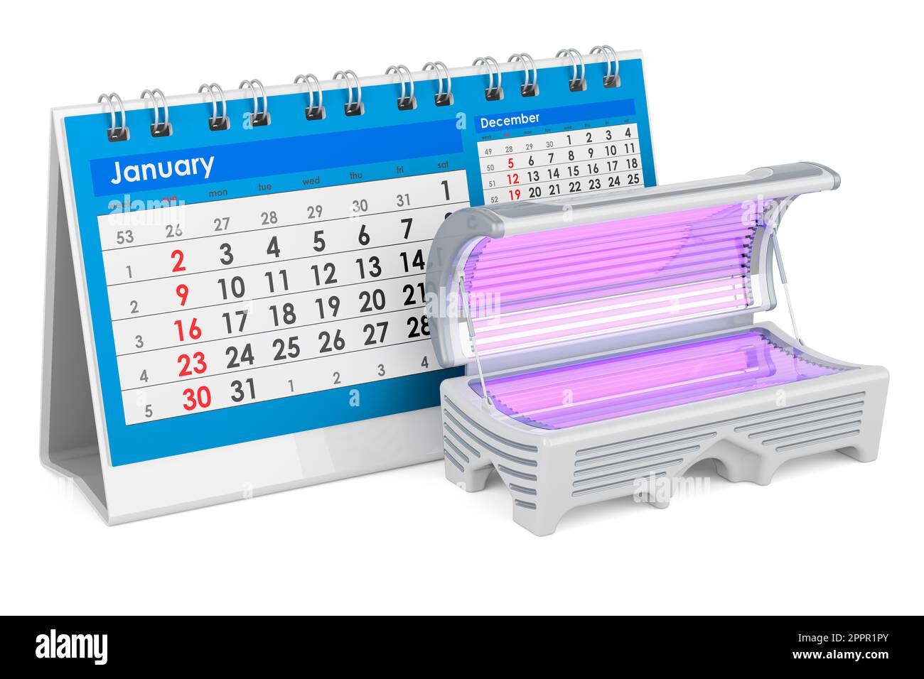 Tanning Bed with desk calendar, 3D rendering isolated on white ...