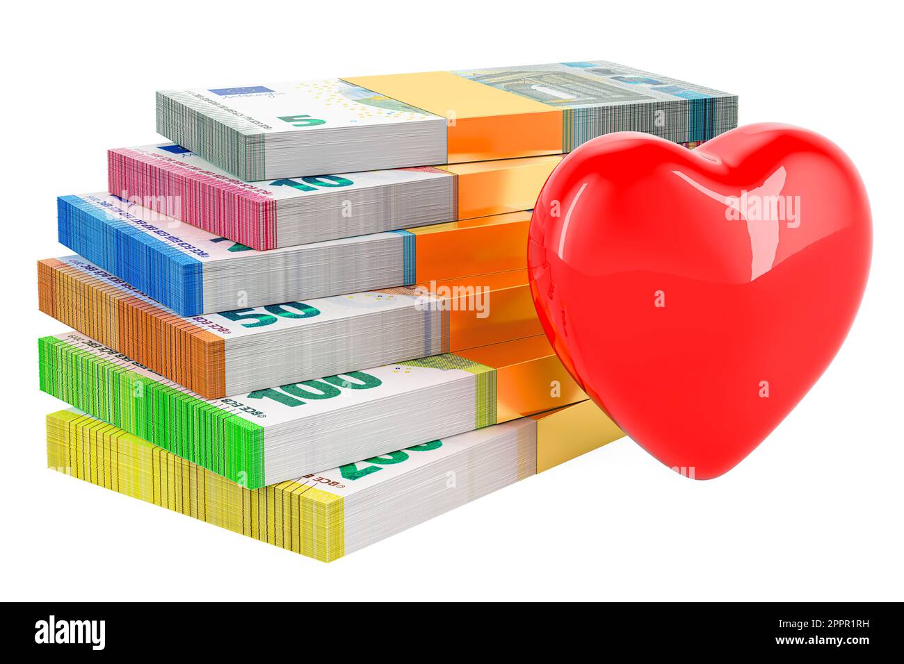Red heart with euro packs, 3D rendering isolated on white background ...