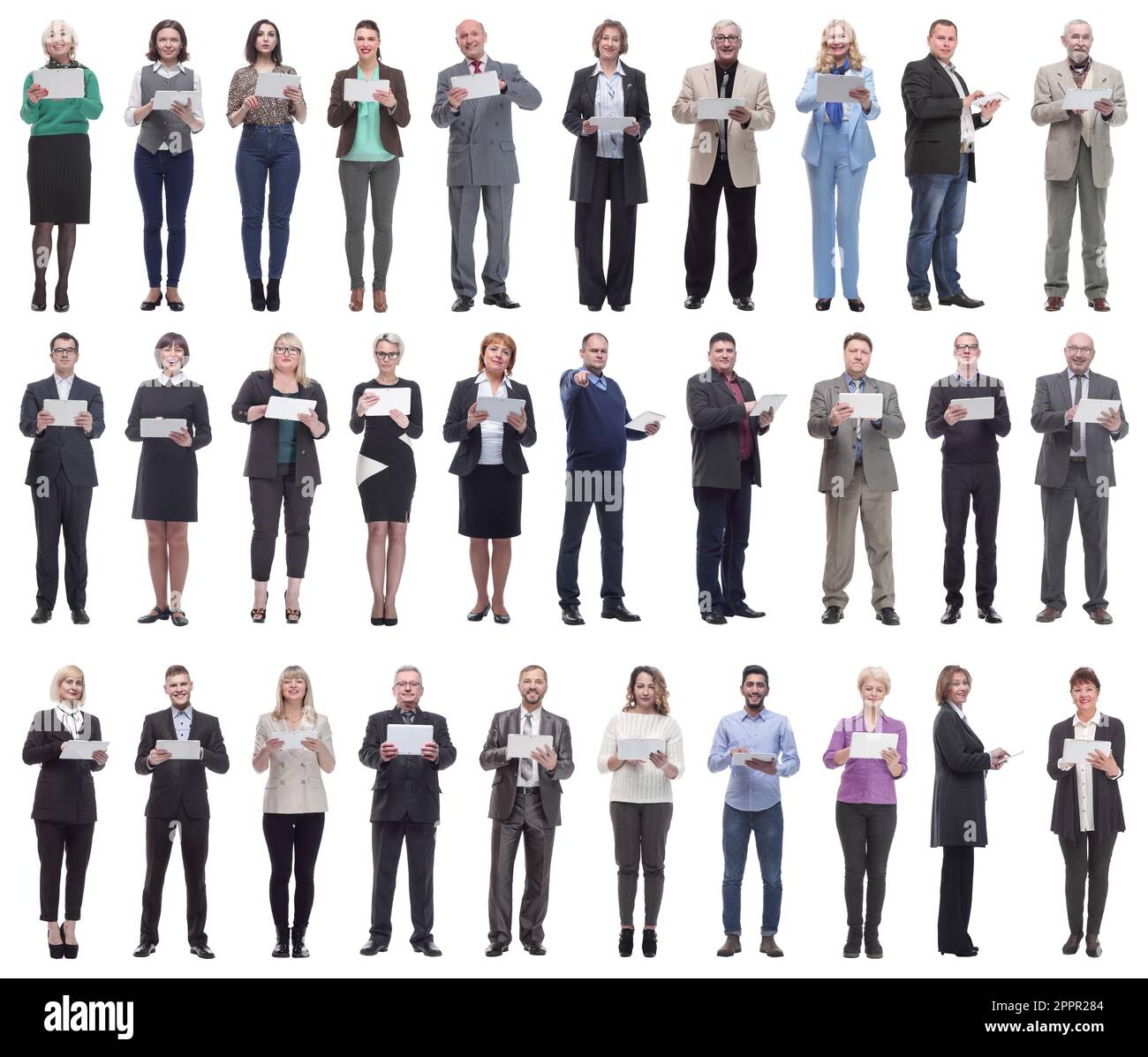 group of people demonstrating tablet looking at camera Stock Photo - Alamy