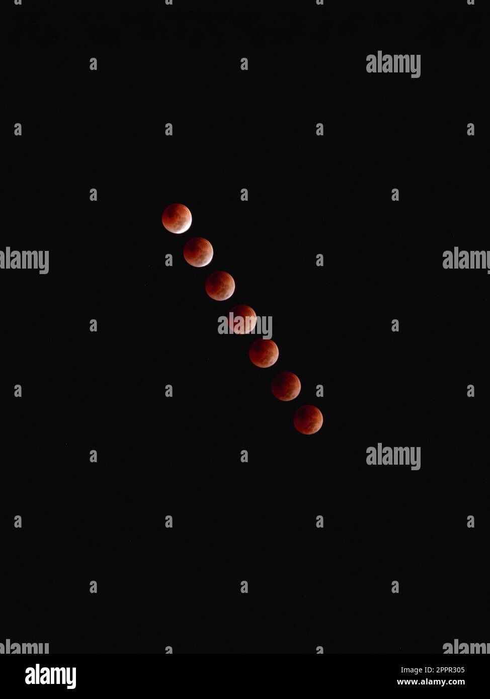 A vertical shot of the phases of a lunar eclipse in a dark black sky ...