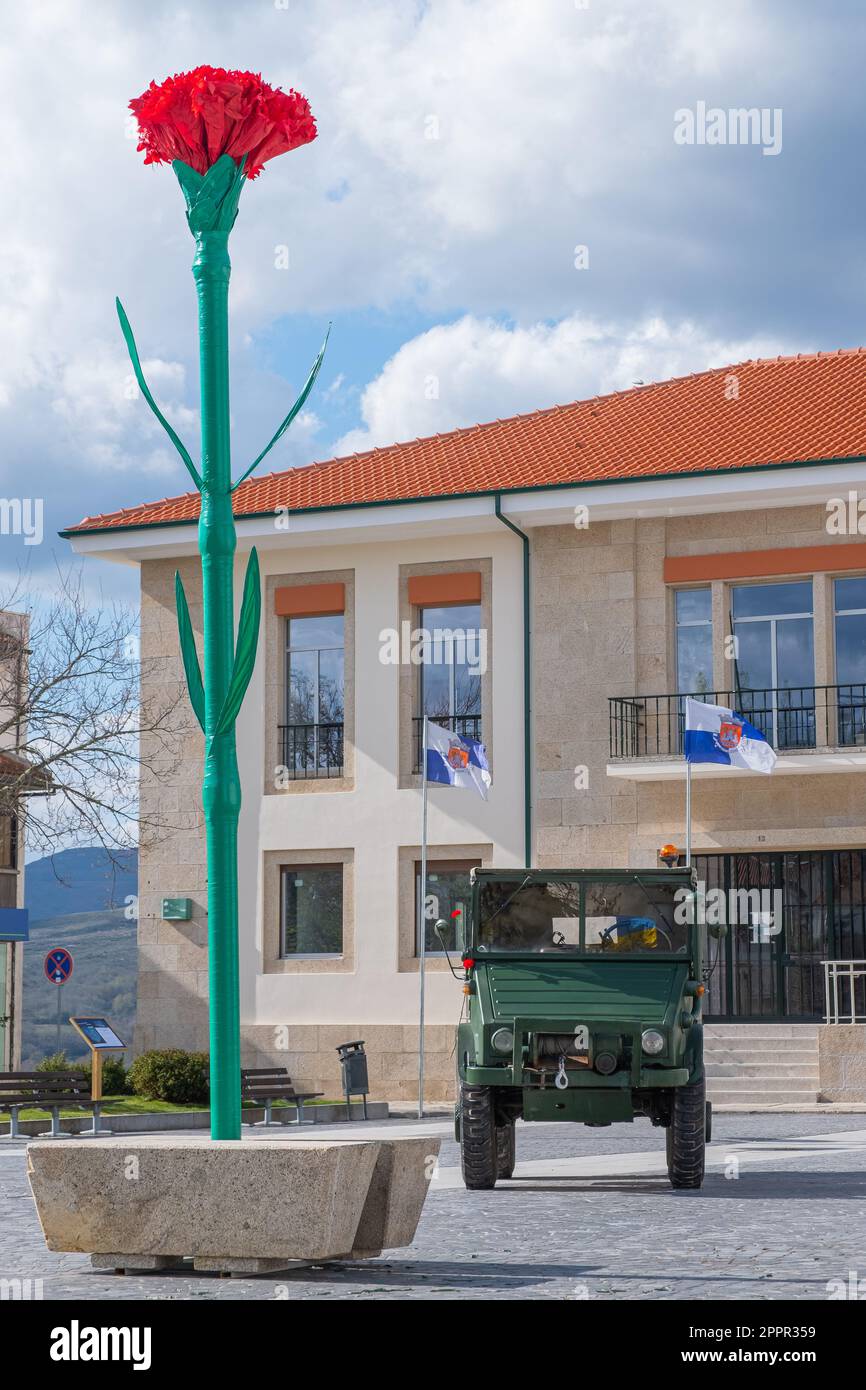 Giant carnation and military vehicle as decoration to celebrate April ...