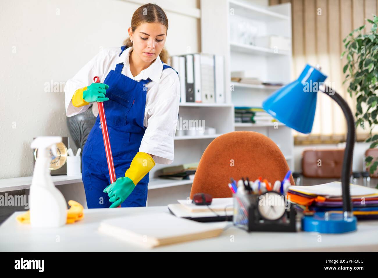 Female worker of office cleaning service wiping floors with mop Stock ...