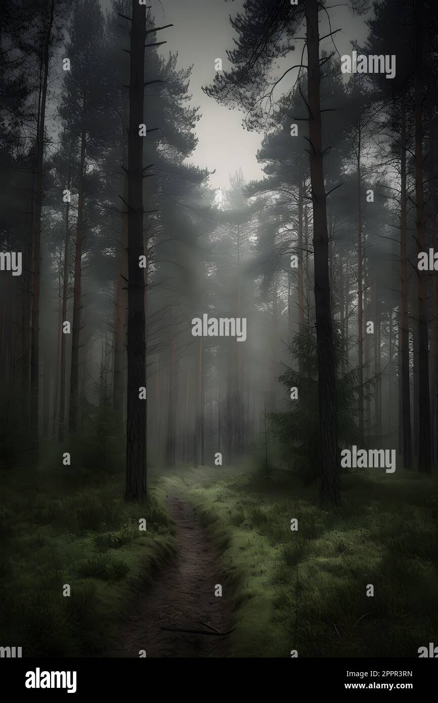 A scenic pathway leading through a majestic pine forest with a thick ...