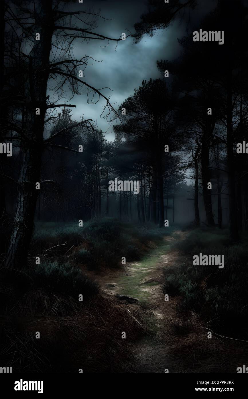 High-resolution nighttime photograph of a dark forest landscape with ...