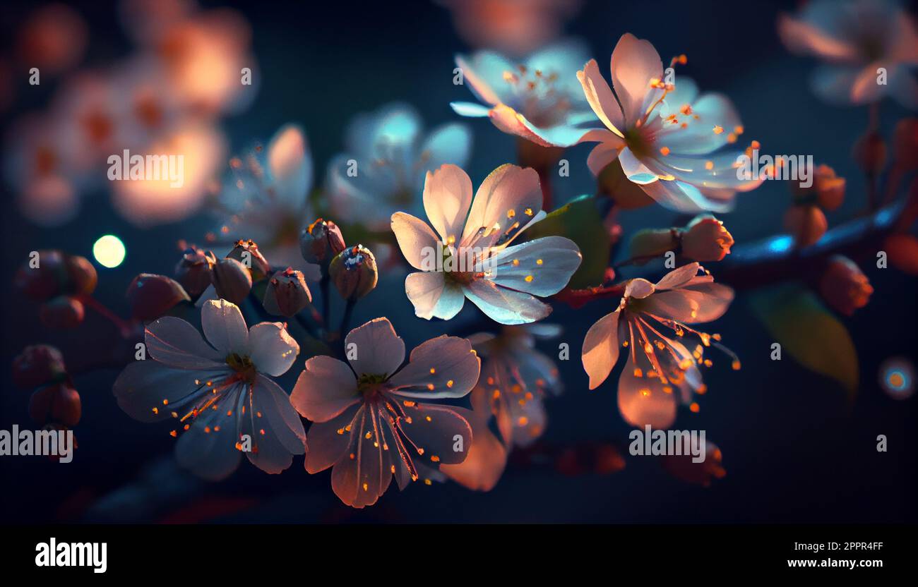 An image of a white flower cluster blossoming atop a leafy branch with ...