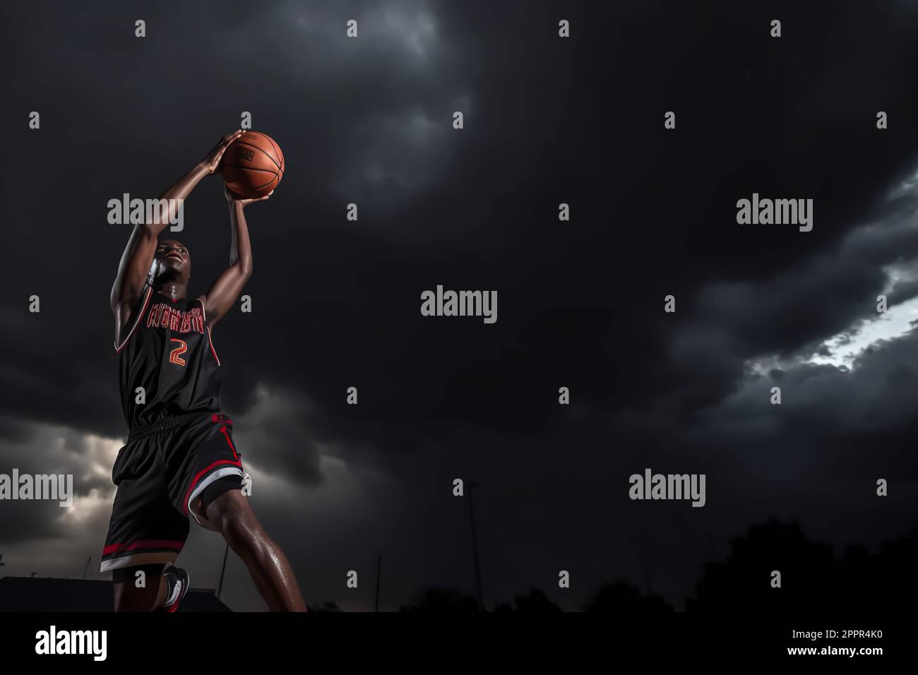 An athletic young man playing basketball in a dimly lit outdoor court ...