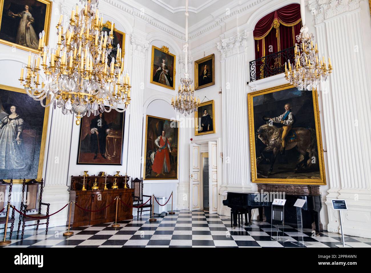The White Hall with portraits of previous palace owners, Wilanow Palace ...