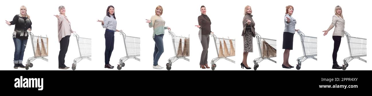 group of people with shopping cart on white Stock Photo - Alamy