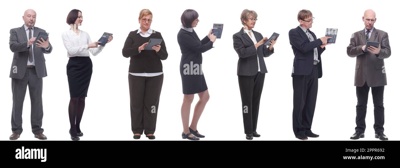collage group of successful financiers with calculator isolated Stock ...