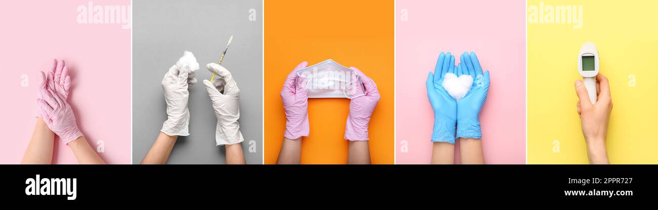 Hands of doctors with different medical items on color background Stock ...