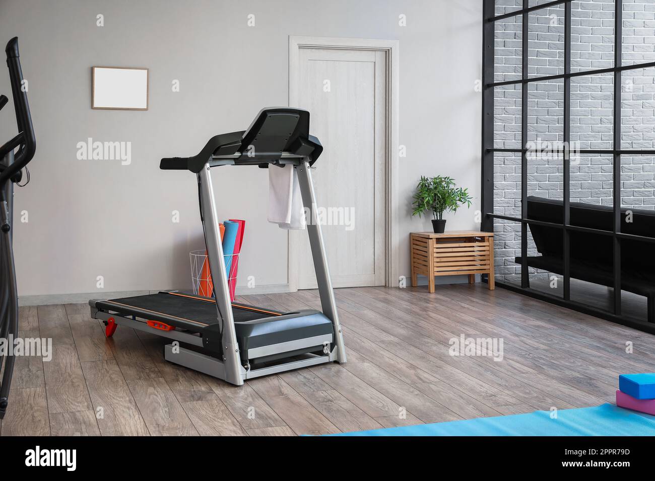 Interior of gym with modern treadmill and sport equipment Stock Photo ...