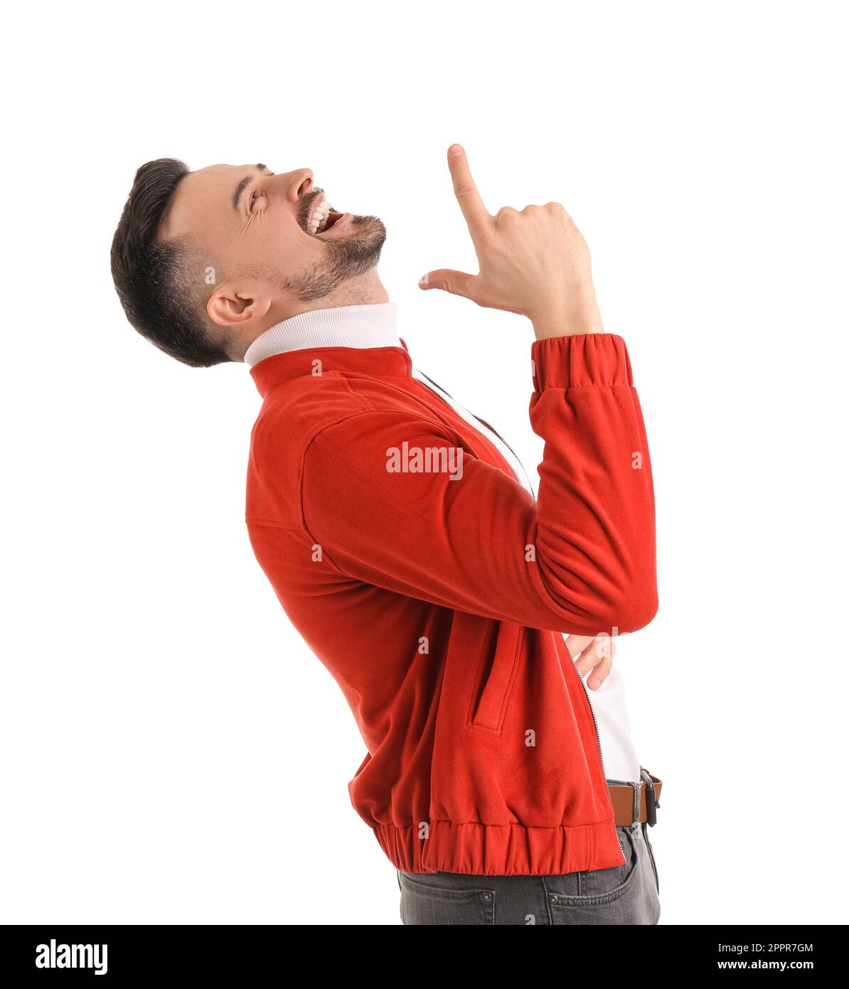 Handsome man showing loser gesture on white background Stock Photo - Alamy