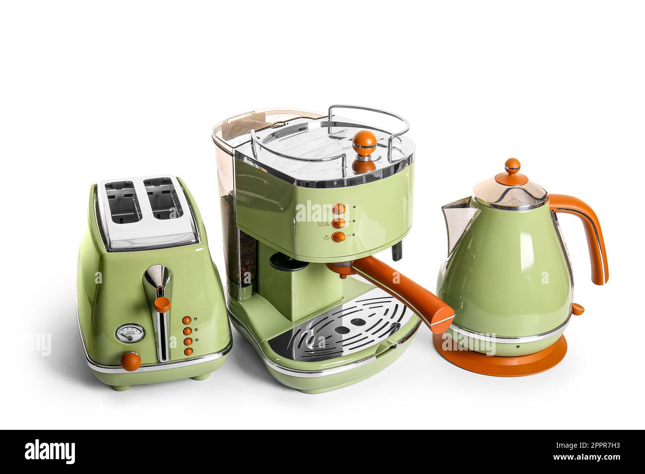 Toaster, coffee machine and electric kettle isolated on white ...