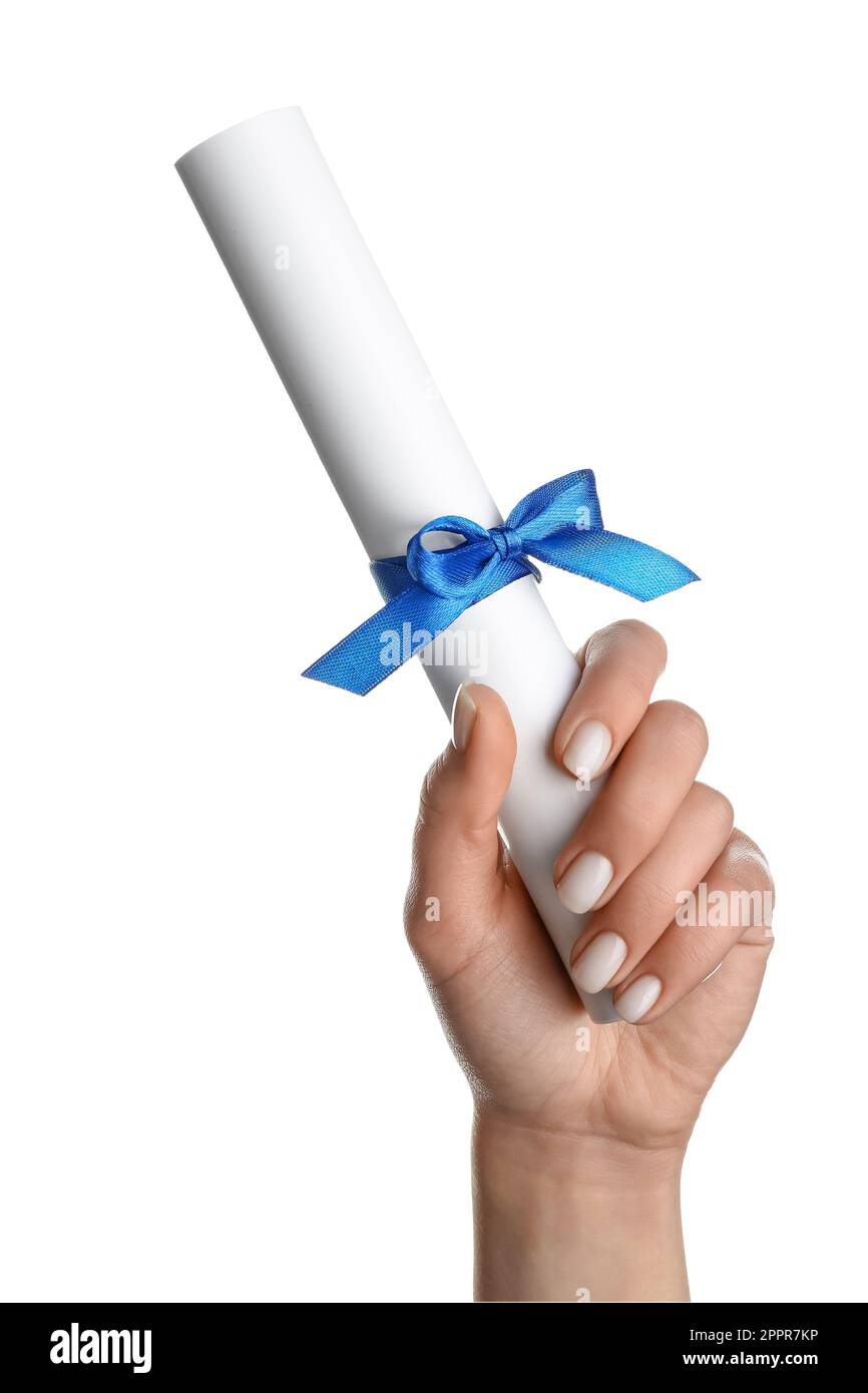 Woman holding diploma with ribbon on white background Stock Photo - Alamy