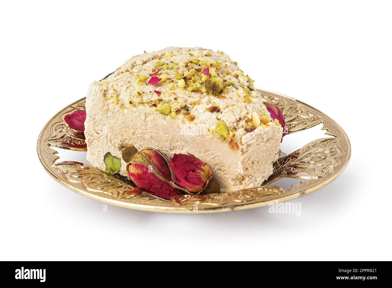 Plate with piece of tasty Tahini halva on white background Stock Photo - Alamy