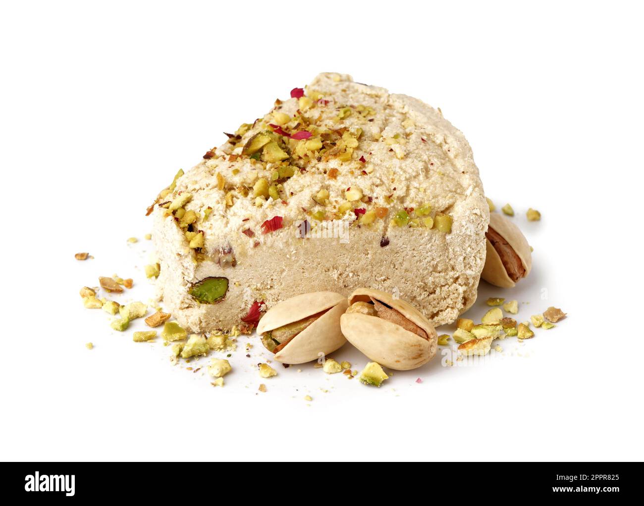 Piece of tasty Tahini halva with pistachios on white background Stock Photo - Alamy