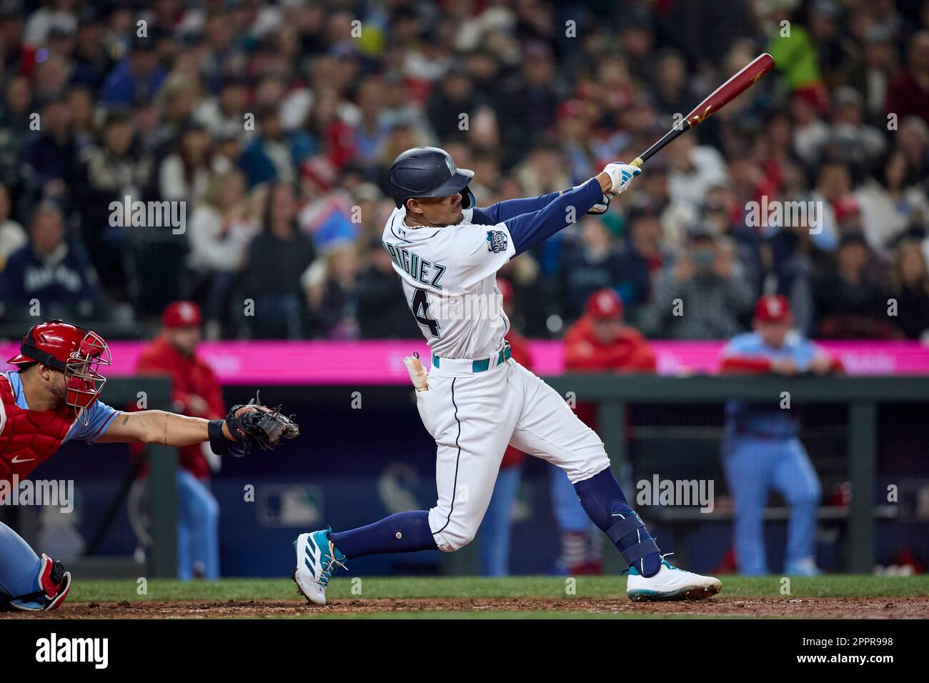 Seattle Mariners' Julio Rodriguez swings through while batting against ...