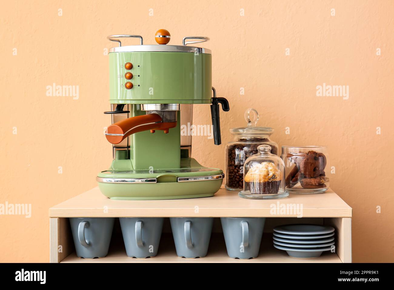 Table coffee machine snacks hi-res stock photography and images - Alamy