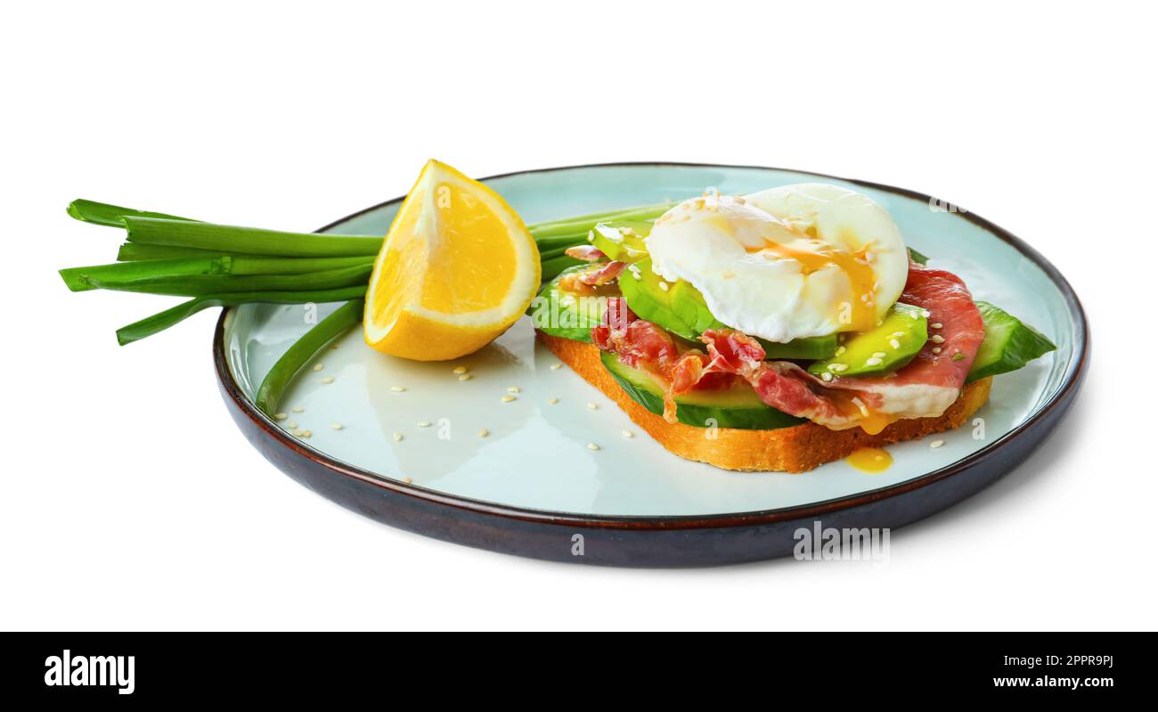 Plate with tasty egg Benedict isolated on white background Stock Photo ...