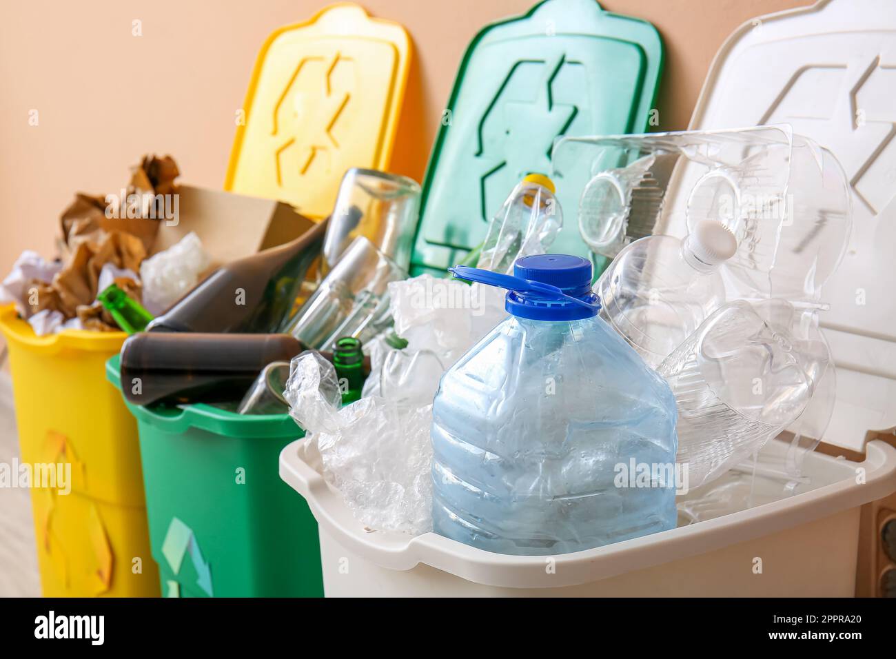 Trash bins with different garbage, closeup. Recycling concept Stock ...