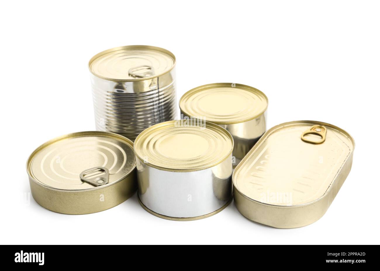 Tin cans with fish isolated on white background Stock Photo - Alamy