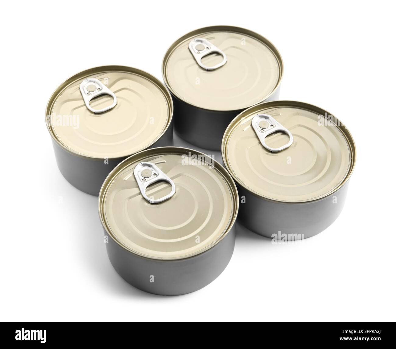 Tin cans with fish isolated on white background Stock Photo - Alamy