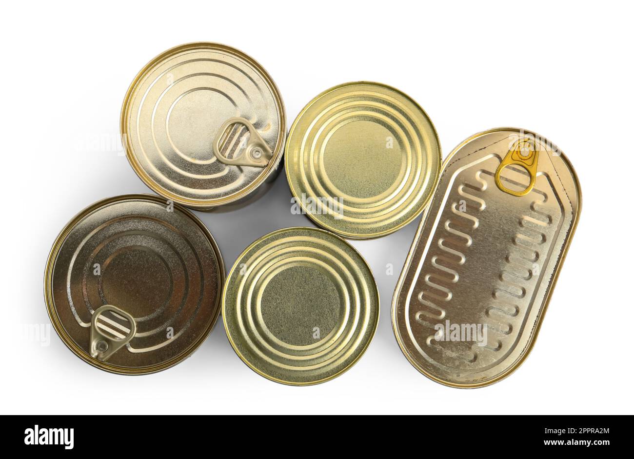 Tin cans with fish isolated on white background Stock Photo - Alamy