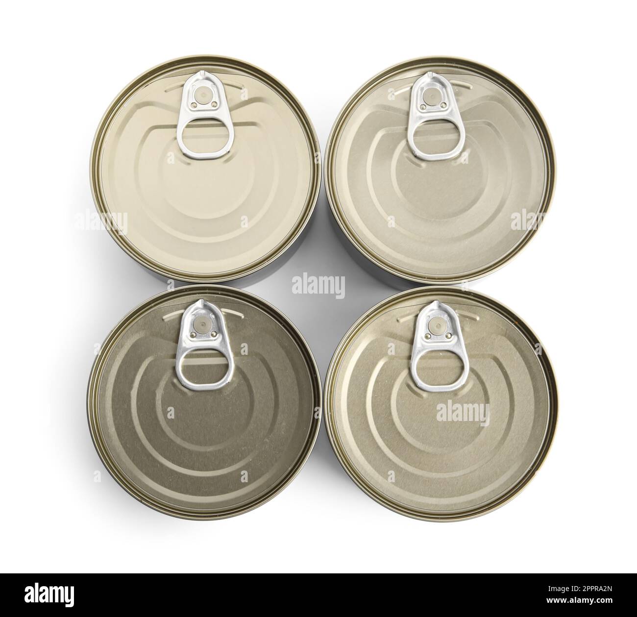 Tin cans with fish isolated on white background Stock Photo - Alamy