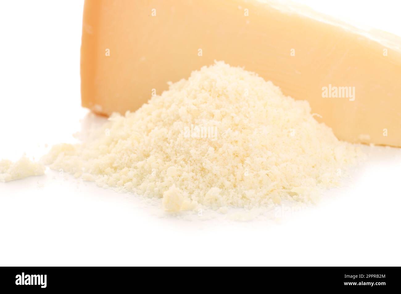 Heap of tasty grated Parmesan cheese on white background Stock Photo ...