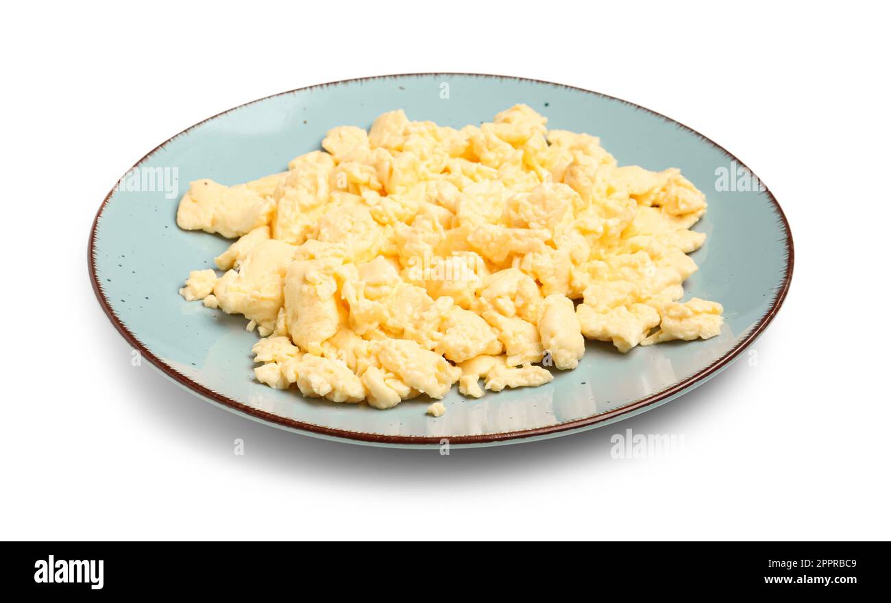 Plate of delicious scrambled eggs isolated on white background Stock ...