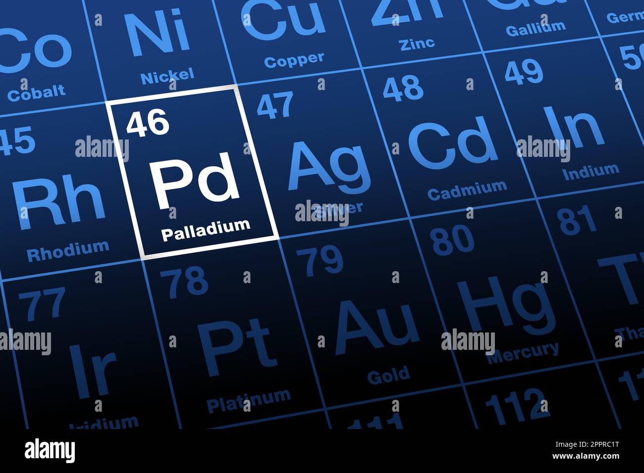 Palladium on periodic table of elements, metal with symbol Pd Stock ...