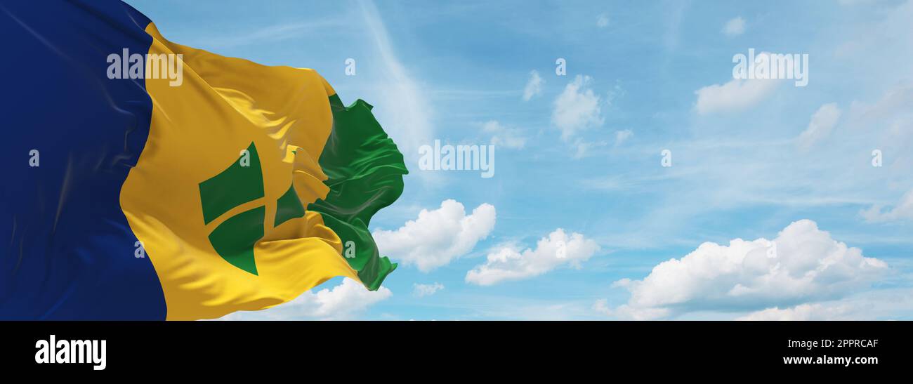 flag of English Creole peoples Vincentians at cloudy sky background ...