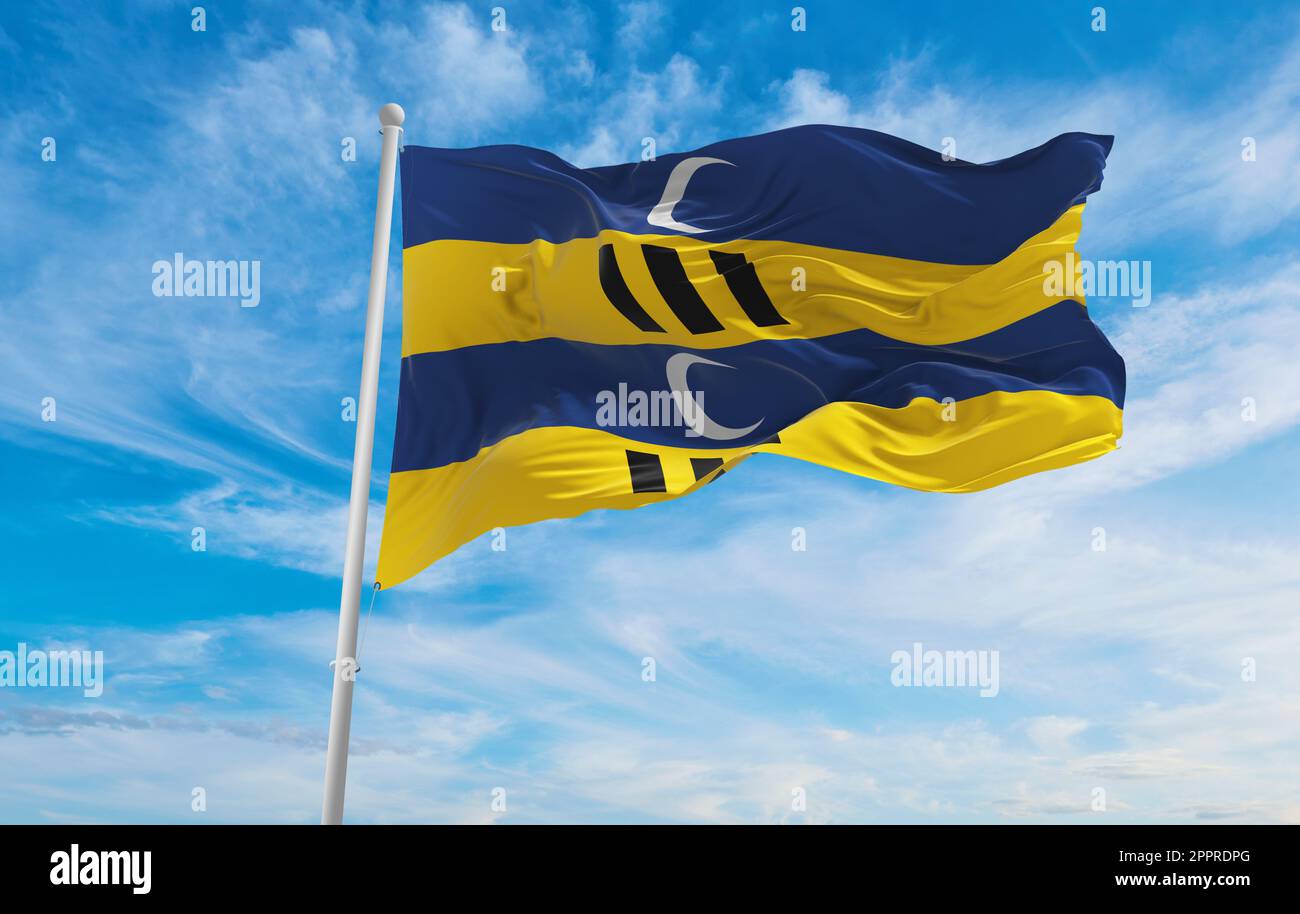 flag of Dutch peoples Amelands at cloudy sky background, panoramic view ...