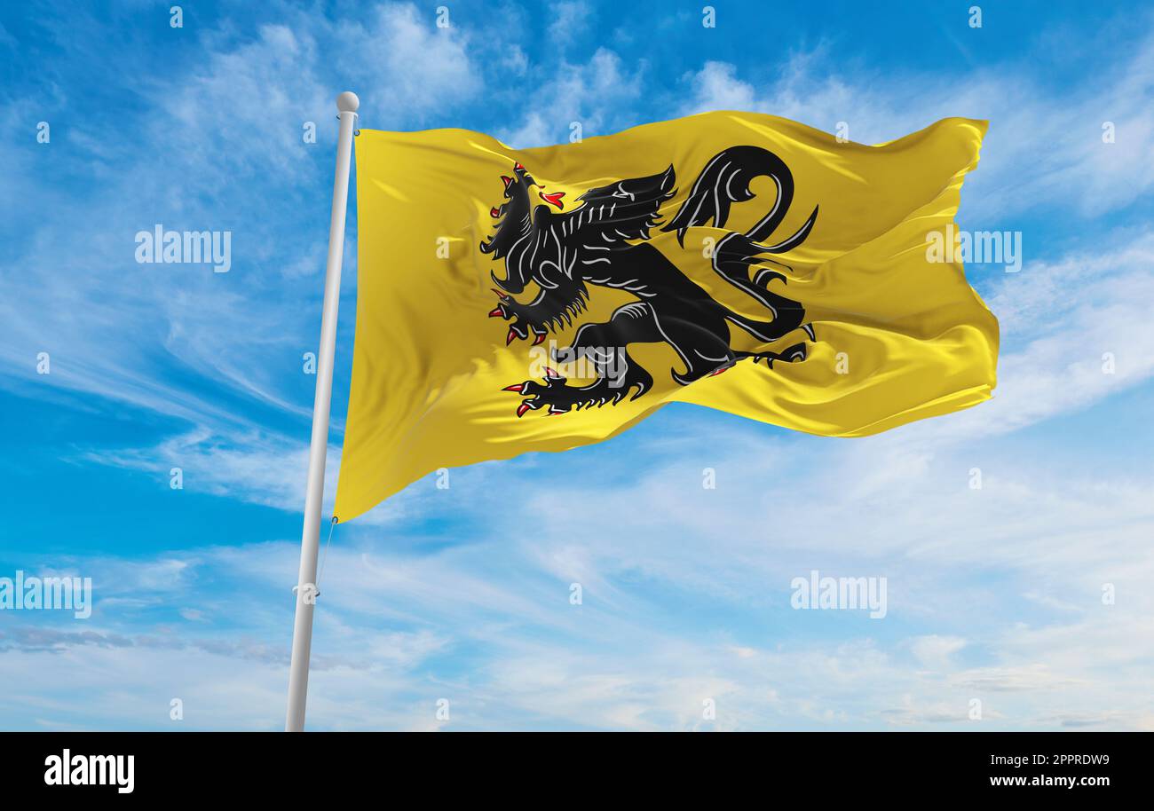 flag of Dutch peoples Flanders at cloudy sky background, panoramic view ...