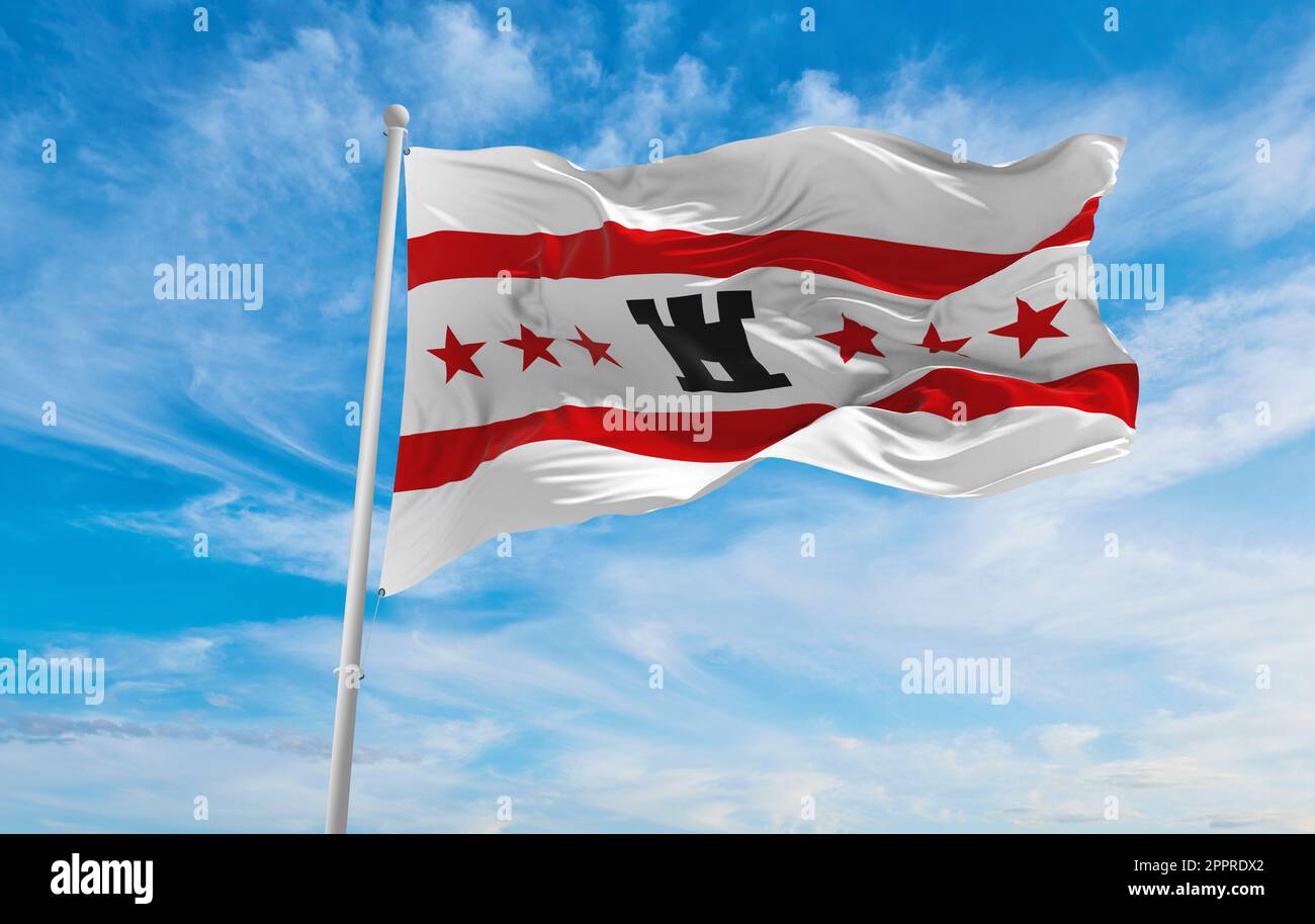 flag of Dutch peoples Drents at cloudy sky background, panoramic view ...