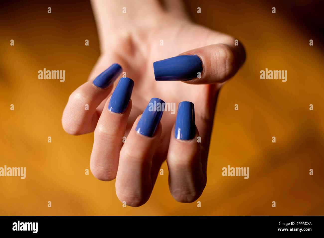 Manicure with long blue nails. Woman's hand close up Stock Photo - Alamy