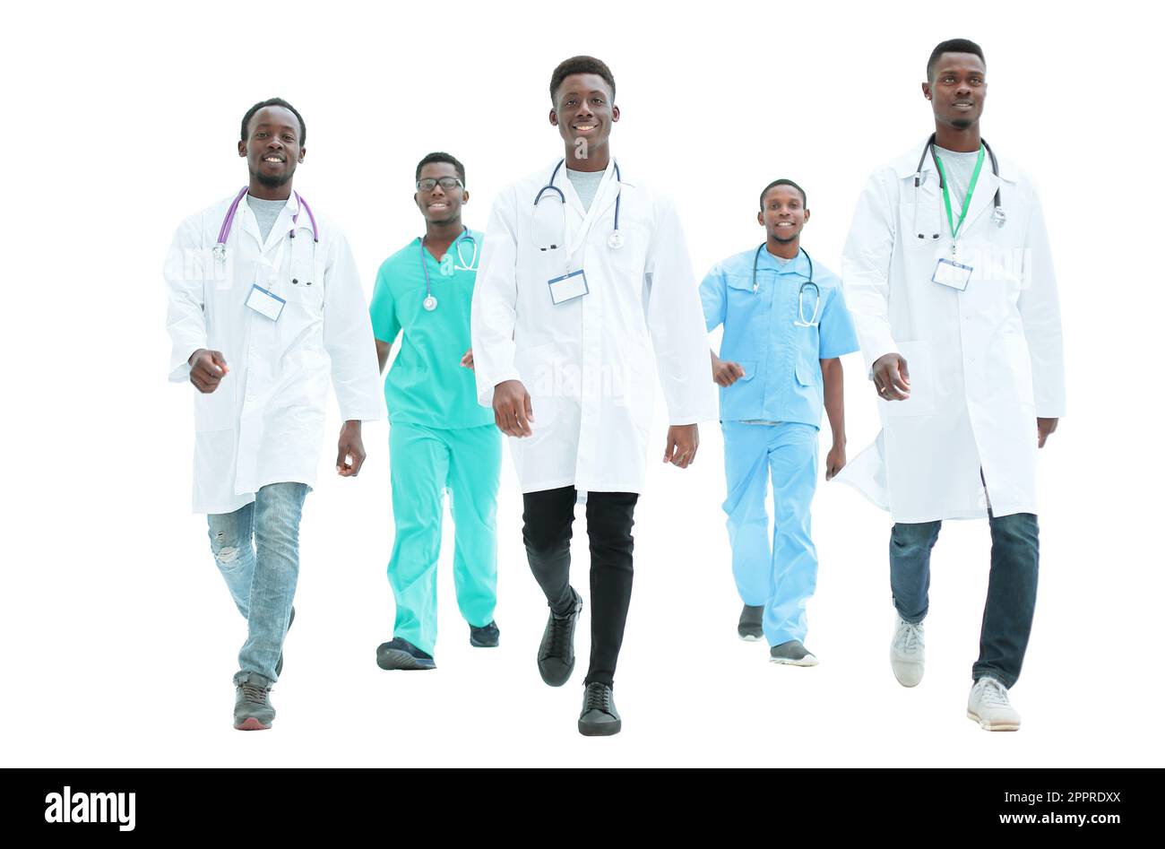 group of different doctors rush to the rescue. isolated on white Stock ...