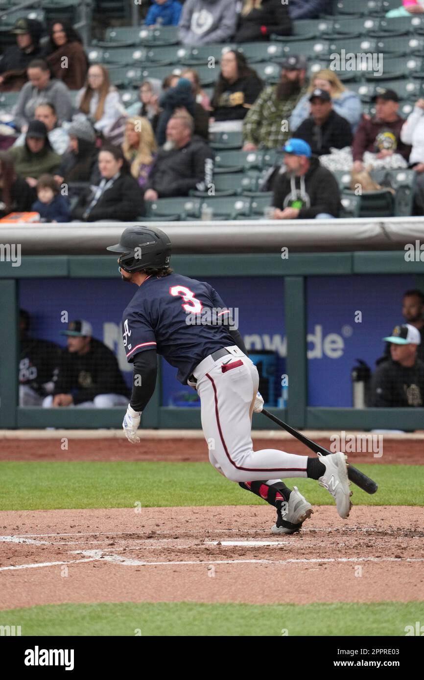 Salt Lake UT, USA. 22nd Apr, 2023. Reno center fielder Dominic Fletcher ...