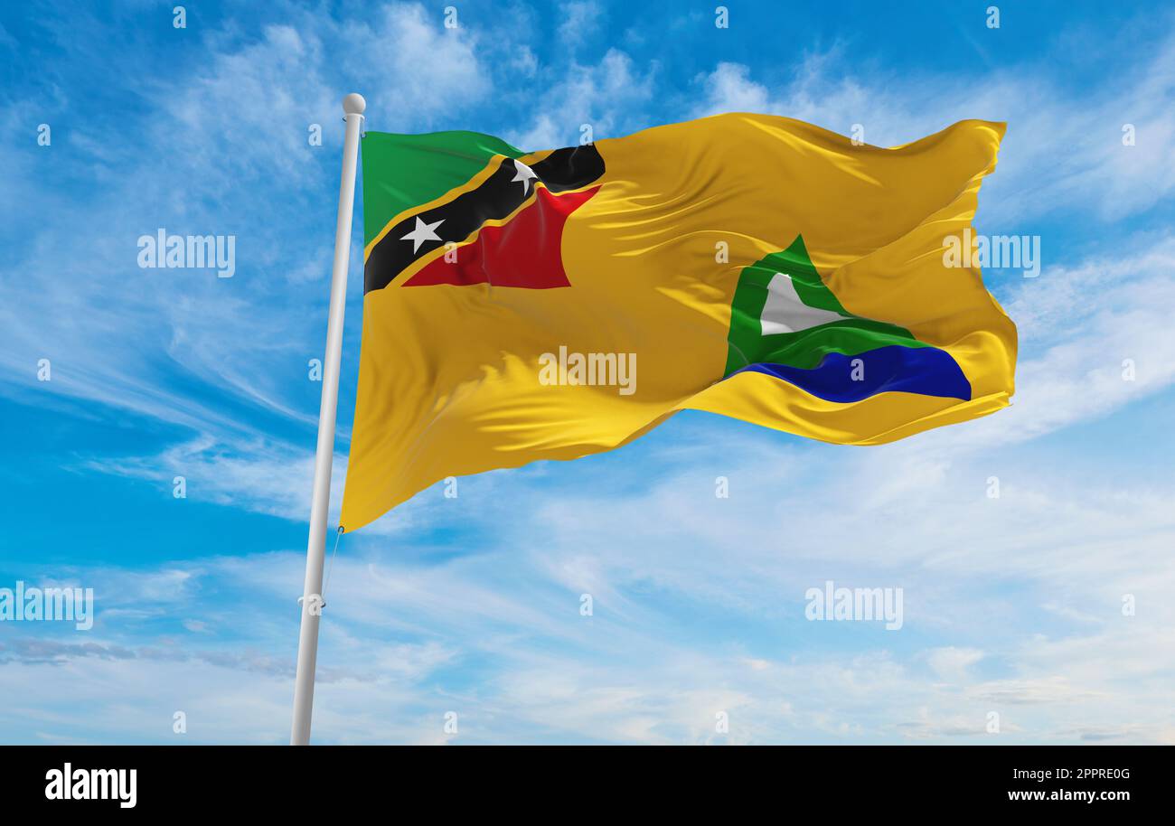 flag of English Creole peoples Nevisians at cloudy sky background ...