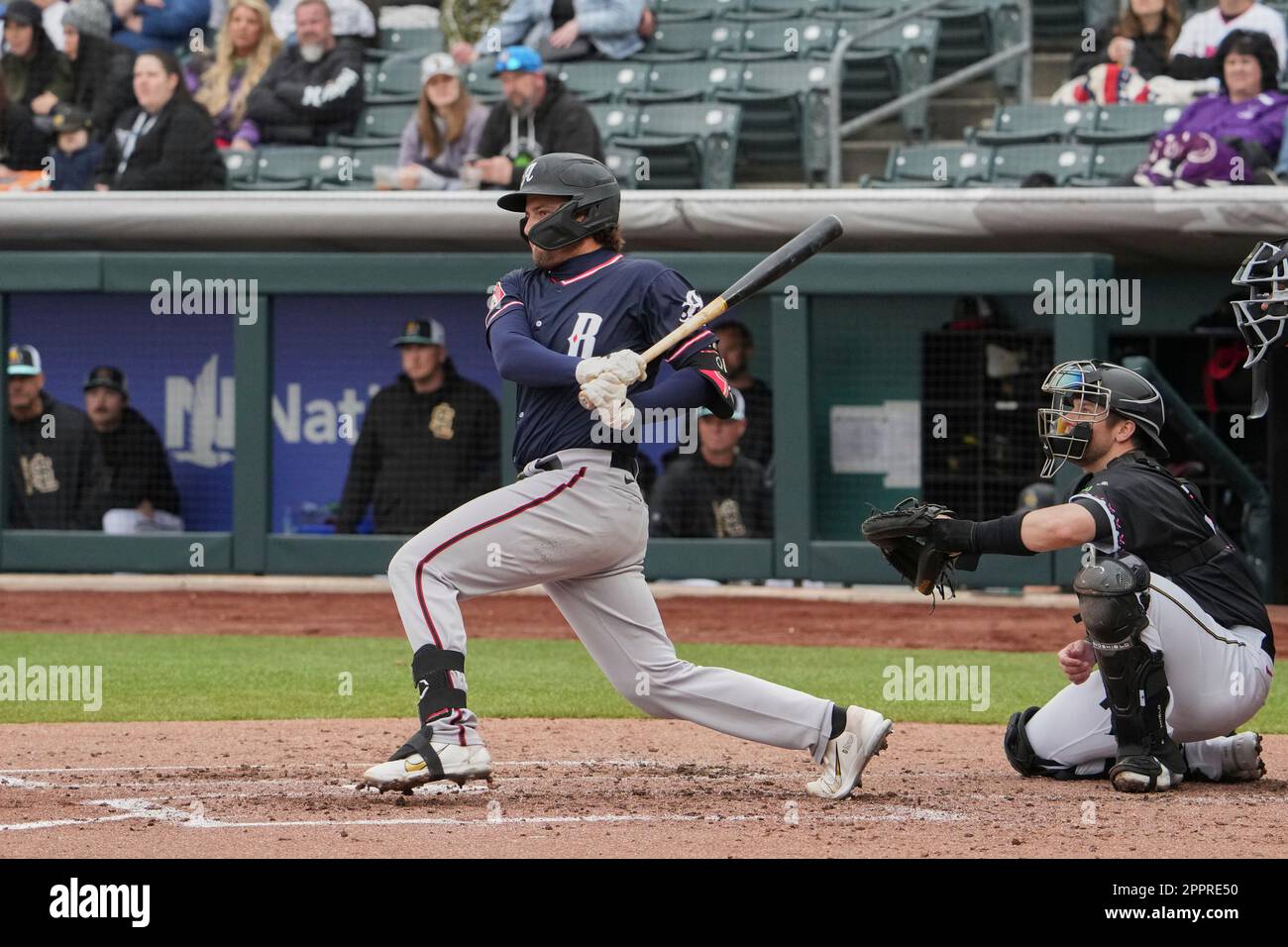 Salt Lake UT, USA. 22nd Apr, 2023. Reno catcher Dominic Miroglio (27 ...
