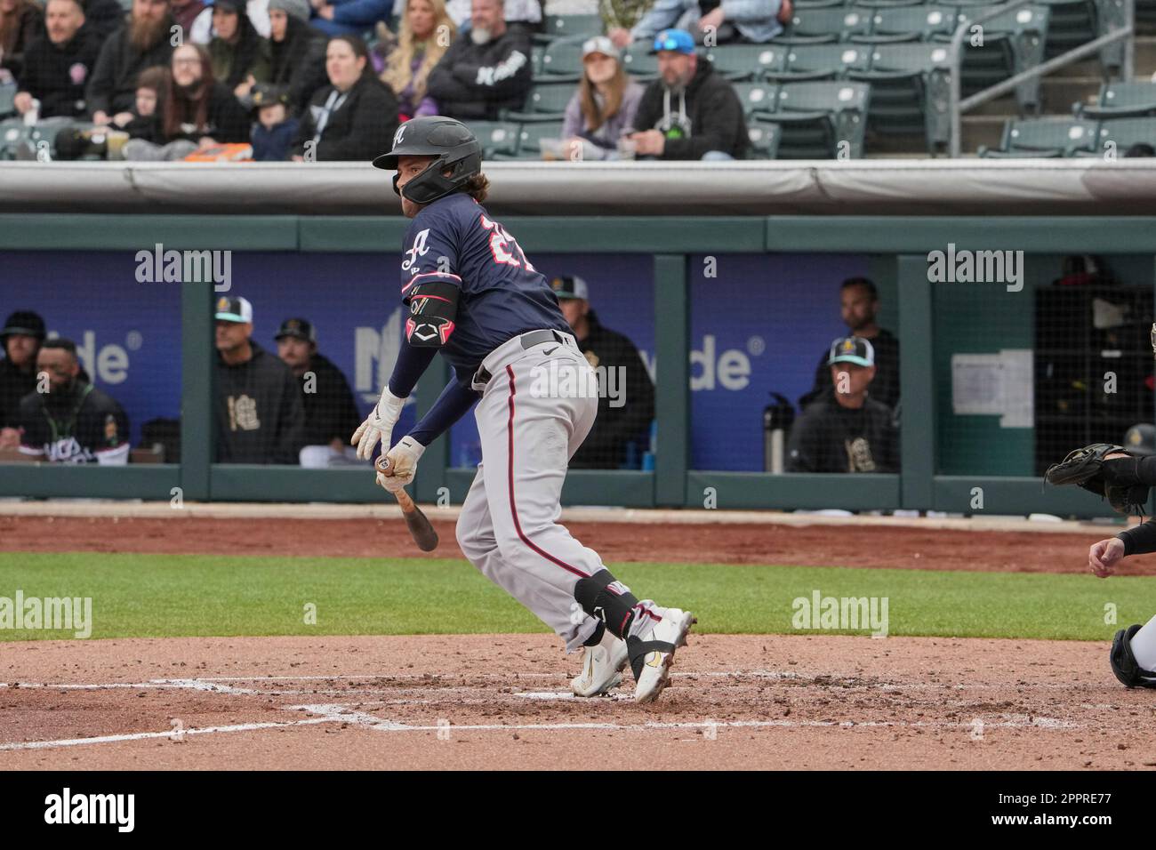 Salt Lake UT, USA. 22nd Apr, 2023. Reno catcher Dominic Miroglio (27 ...