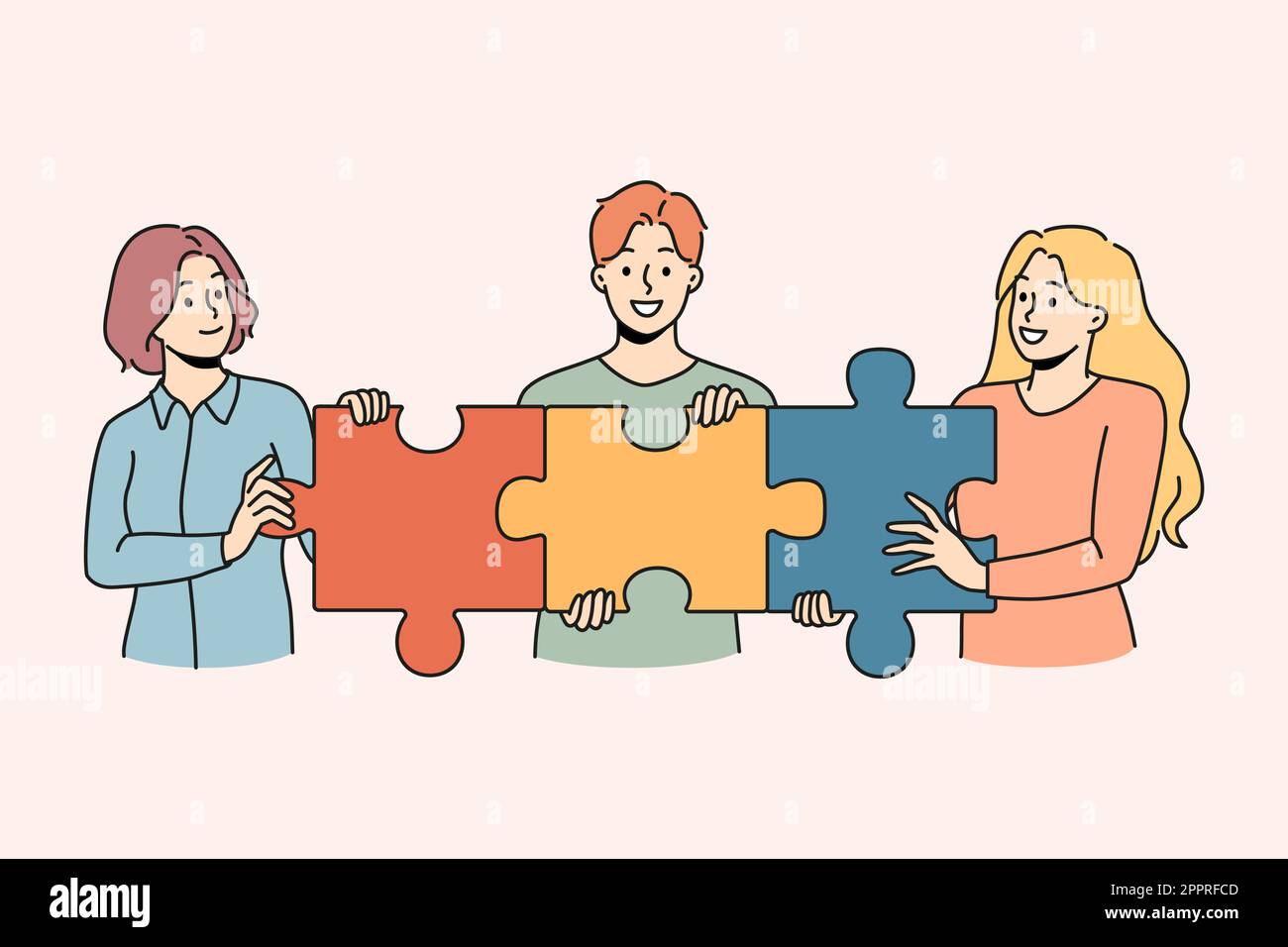 Happy employees connect jigsaw puzzles hi-res stock photography and ...