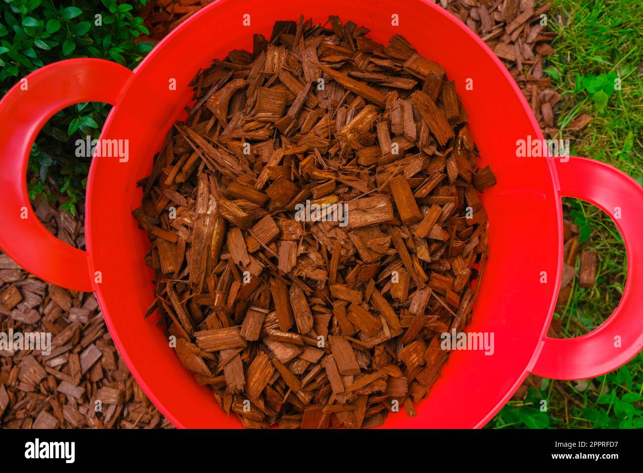 Mulching soil.Decorative chips for the garden.Red chips for mulching in ...