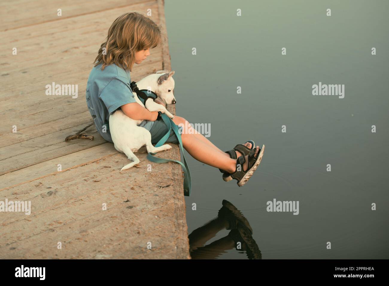 Happy child with dog. Carefree childhood. Protection domestic animal ...