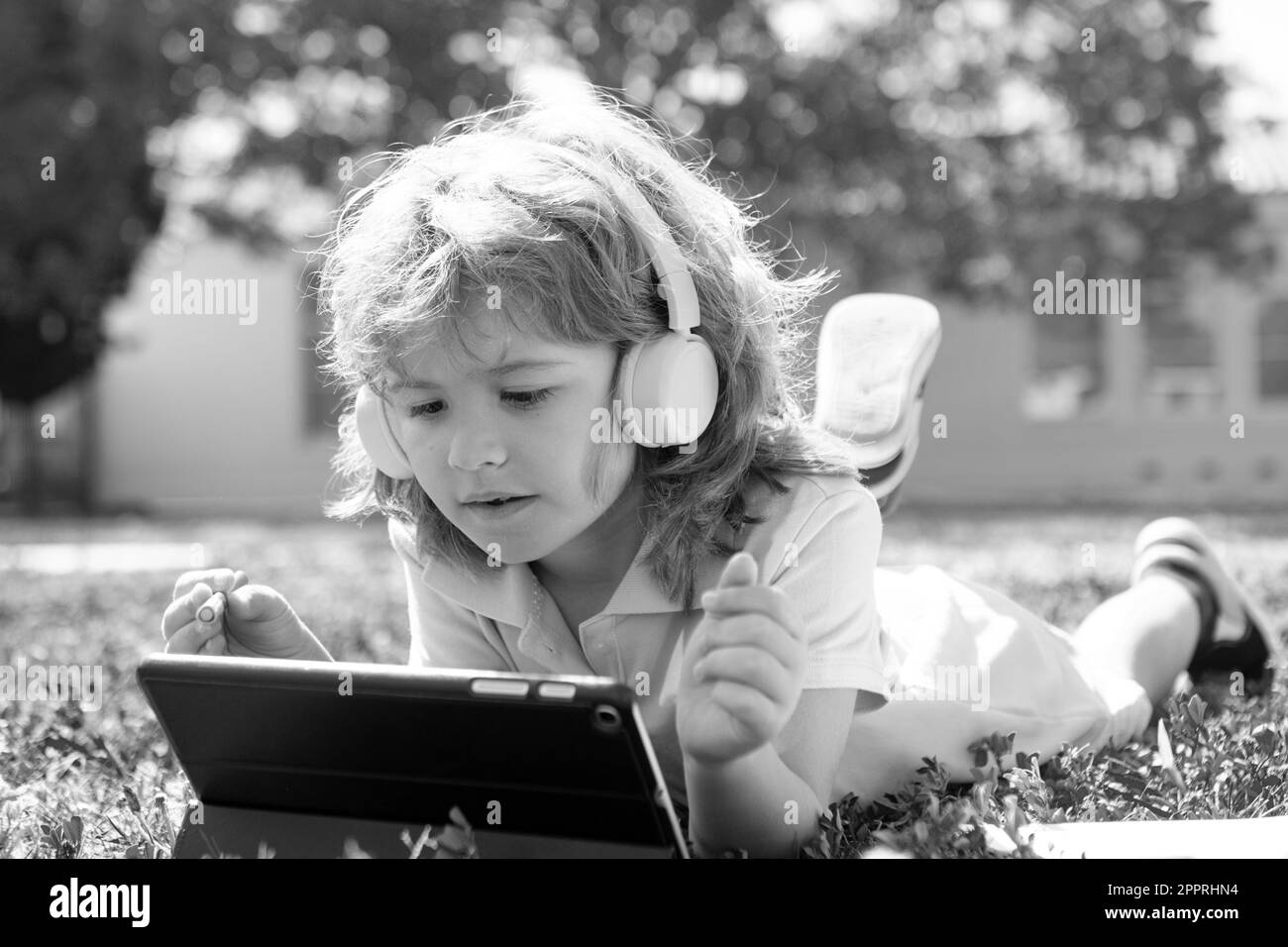 Little schoolboy pupil use notebook or tablet in the park on grass ...