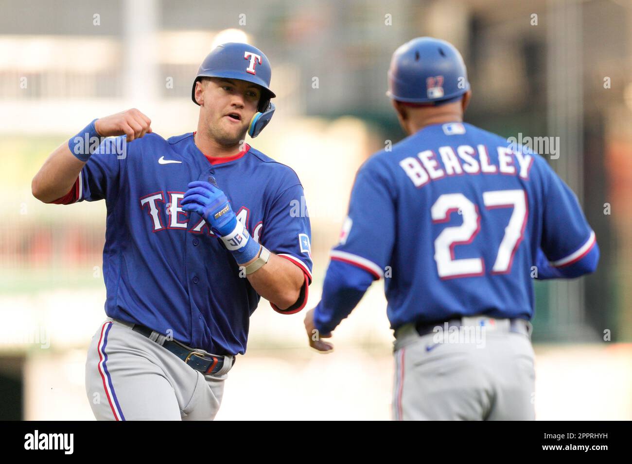 Texas Rangers' Josh Jung, left, celebrates with third base coach Tony ...