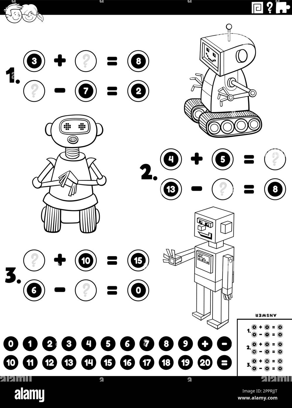 addition and subtraction worksheet with robots coloring page Stock ...