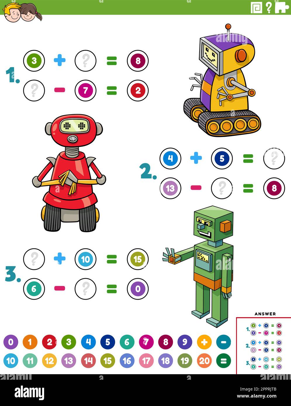 addition and subtraction worksheet with cartoon robots Stock Vector ...